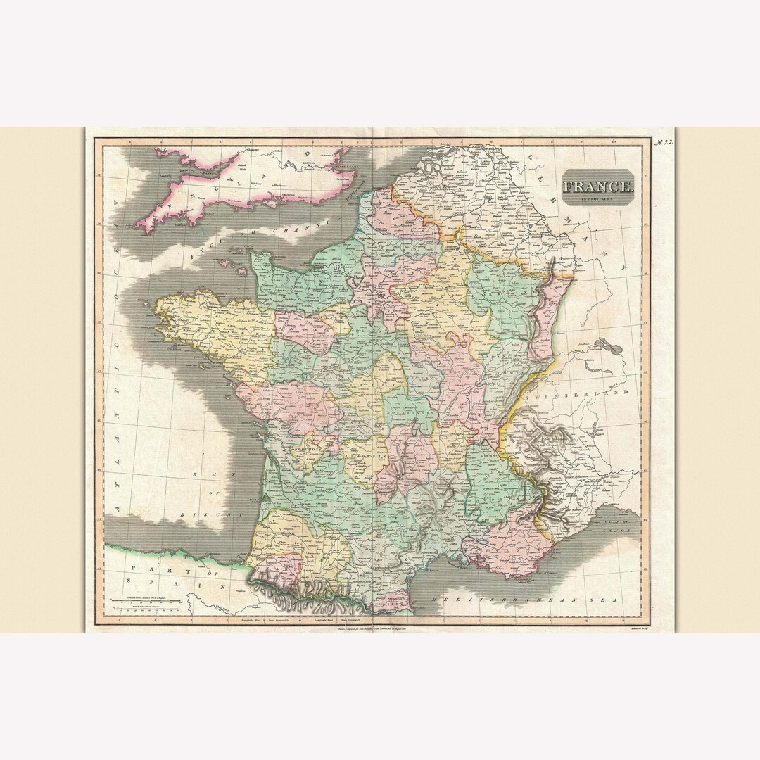 France; Antique Map by Thomson, 1814 - Teak Wood Magnetic Hanger Frame ...