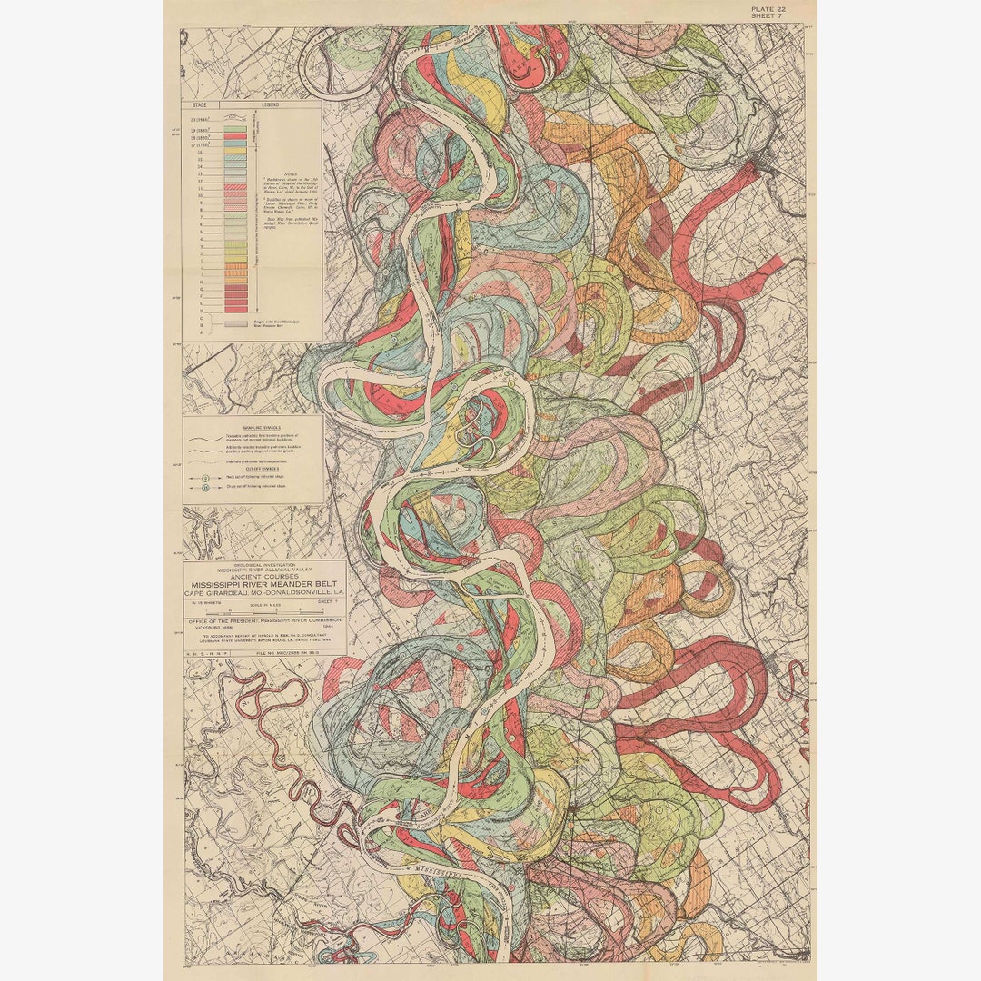 Mississippi River Meander Belt, Geological Map by Harold Fisk, 1944- 7 ...