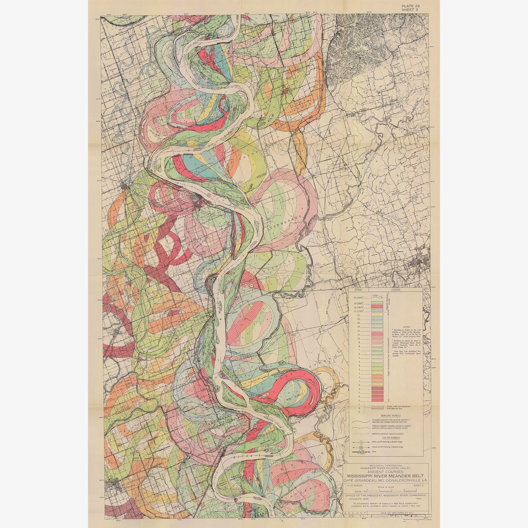 Mississippi River Meander Belt, Geological Map by Harold Fisk, 1944- 3 ...