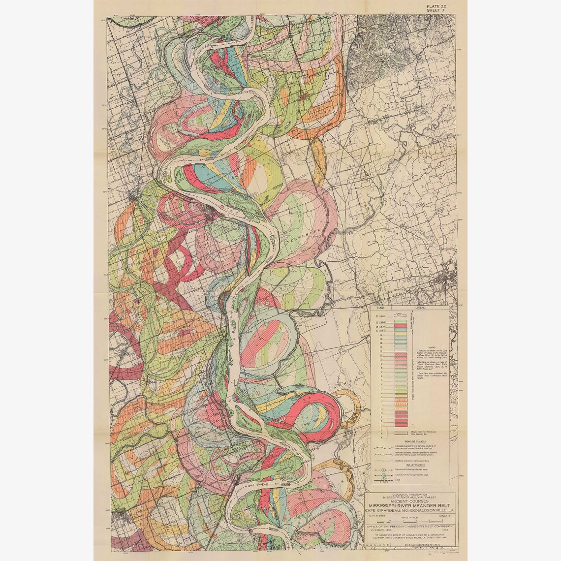 Mississippi River Meander Belt, Geological Map by Harold Fisk, 1944- 3 ...