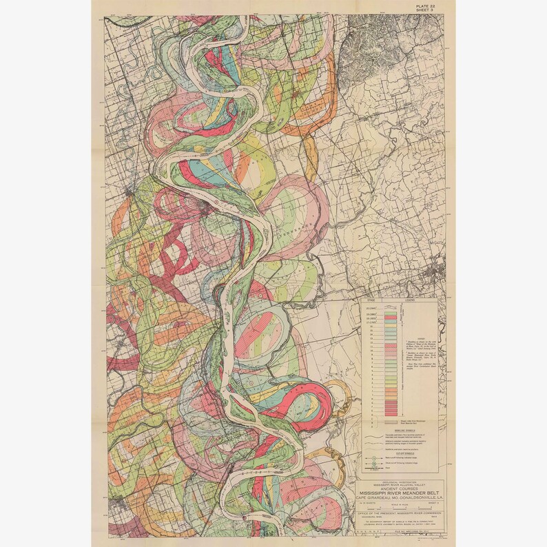 Mississippi River Meander Belt, Geological Map by Harold Fisk, 1944- 3 ...