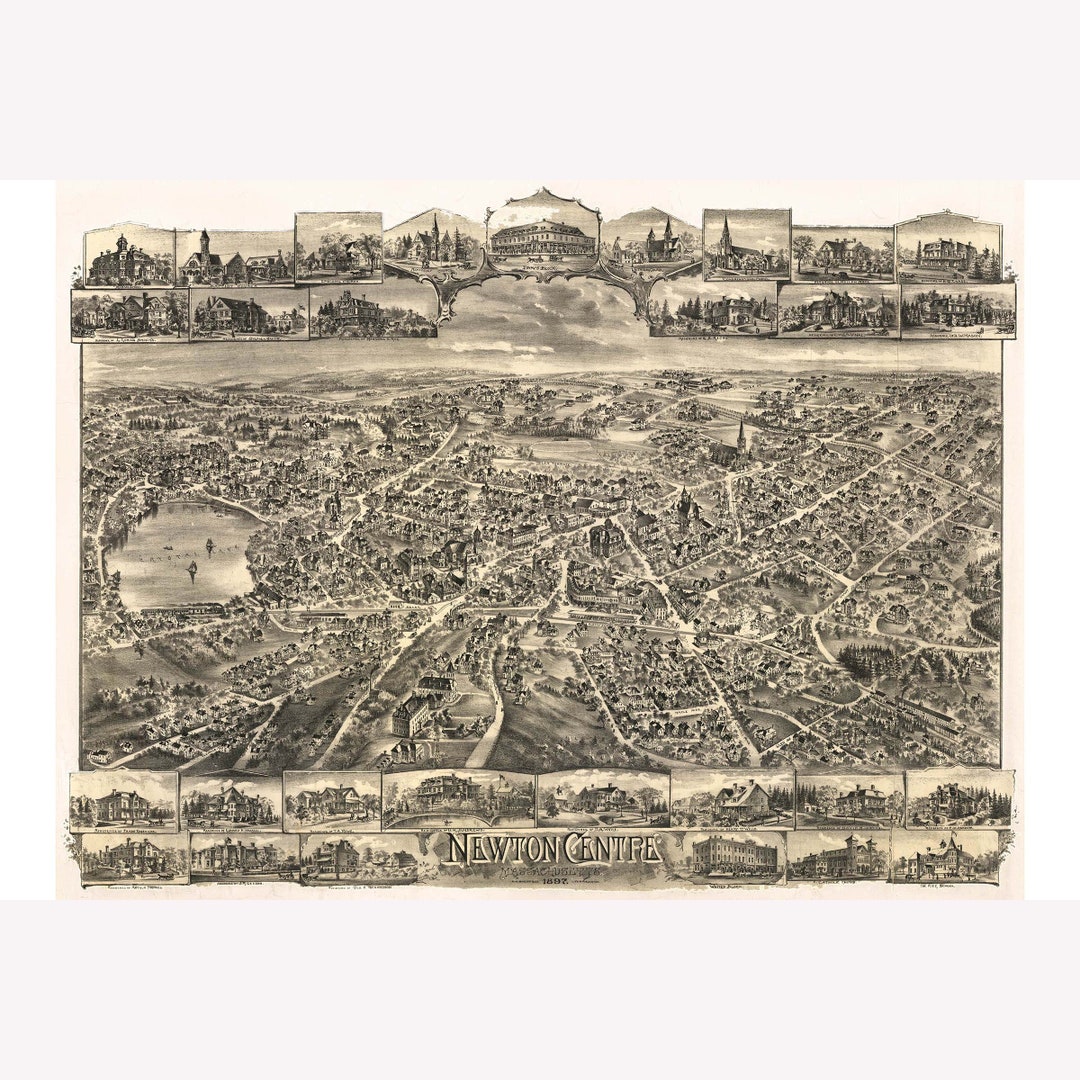 Newton Centre, Massachusetts. Antique Birdseye Map; 1897 - Etsy