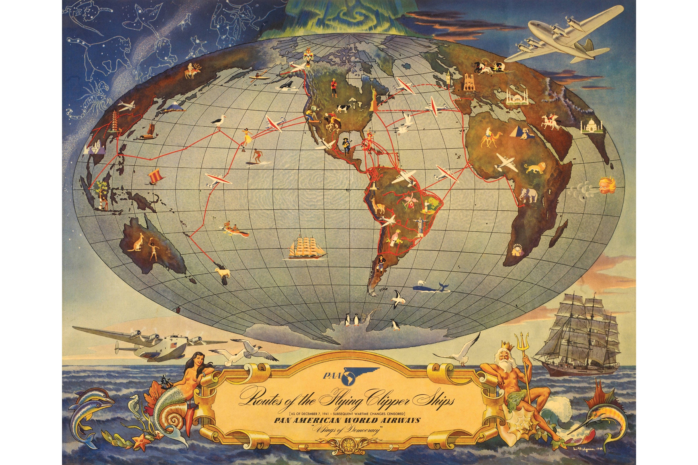 Pan American Flying Clipper Ship Routes 1941 | Etsy