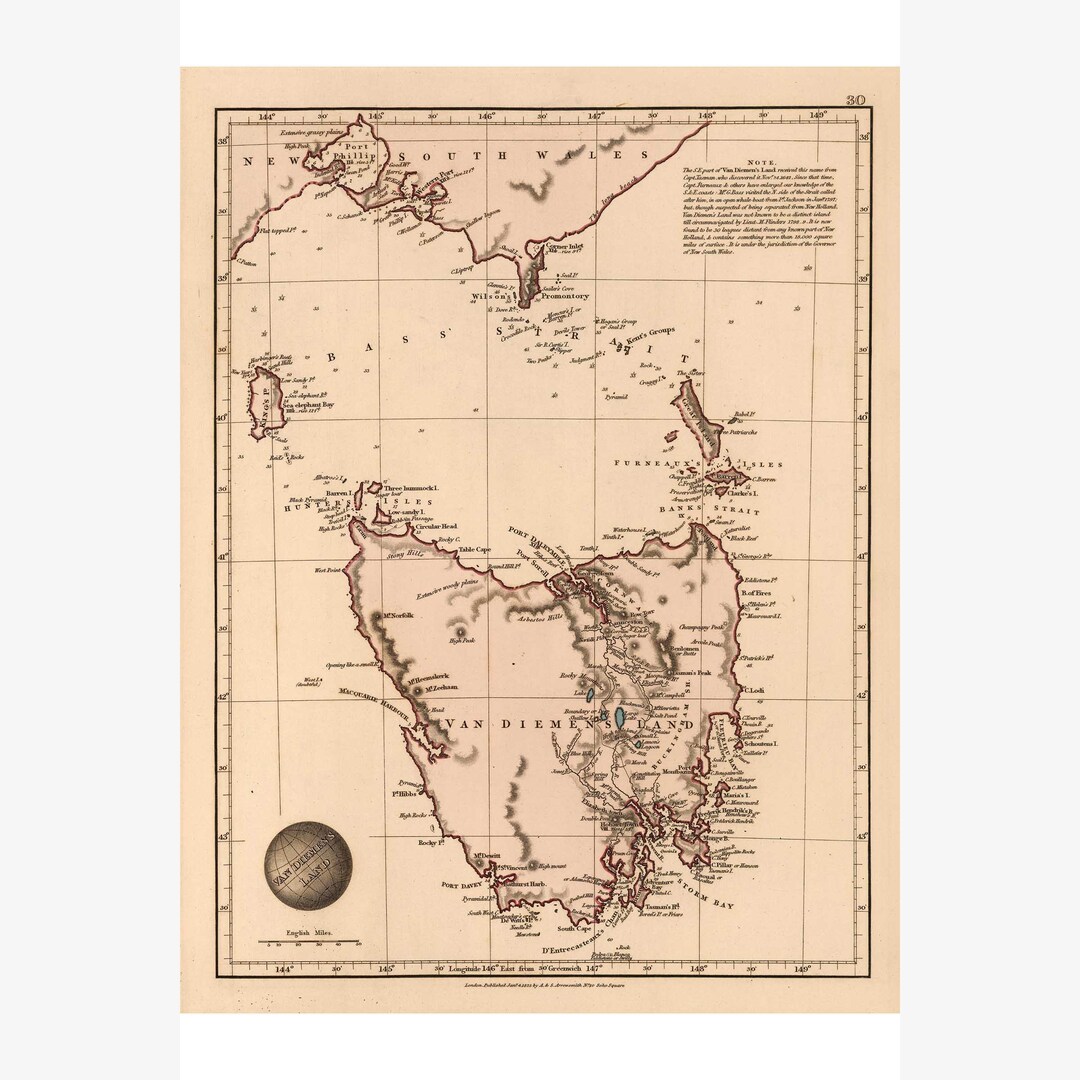 Van Diemen's Land; Tasmania; Australia; Historic Map, Arrowsmith 1825 ...
