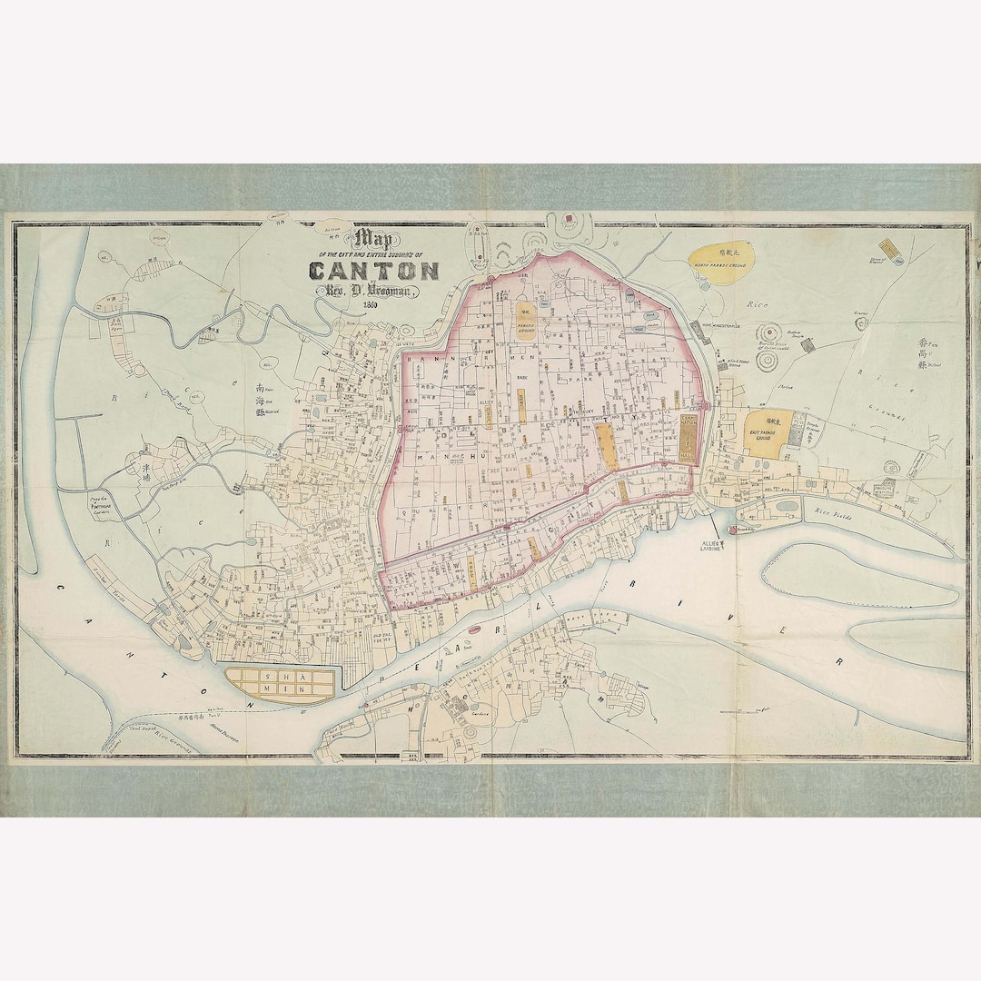 Canton China; Antique Map, 1860; Fine Quality Restored Print - Teak ...