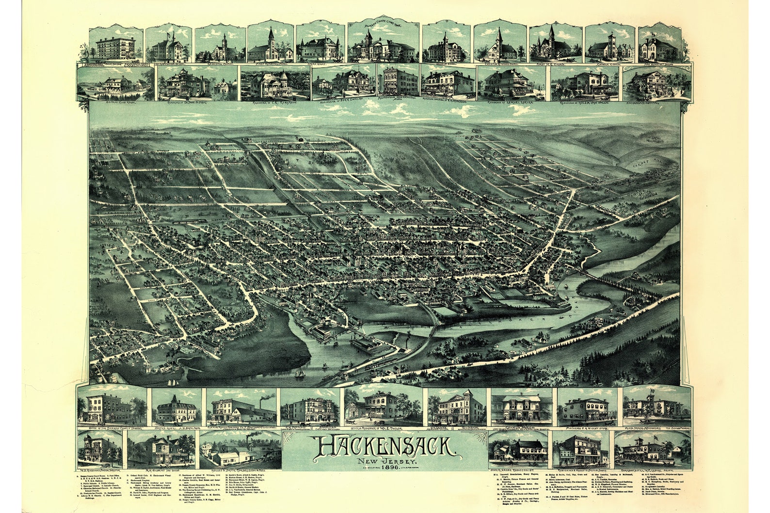 Hackensack New Jersey. Antique Birdseye Map 1896 | Etsy