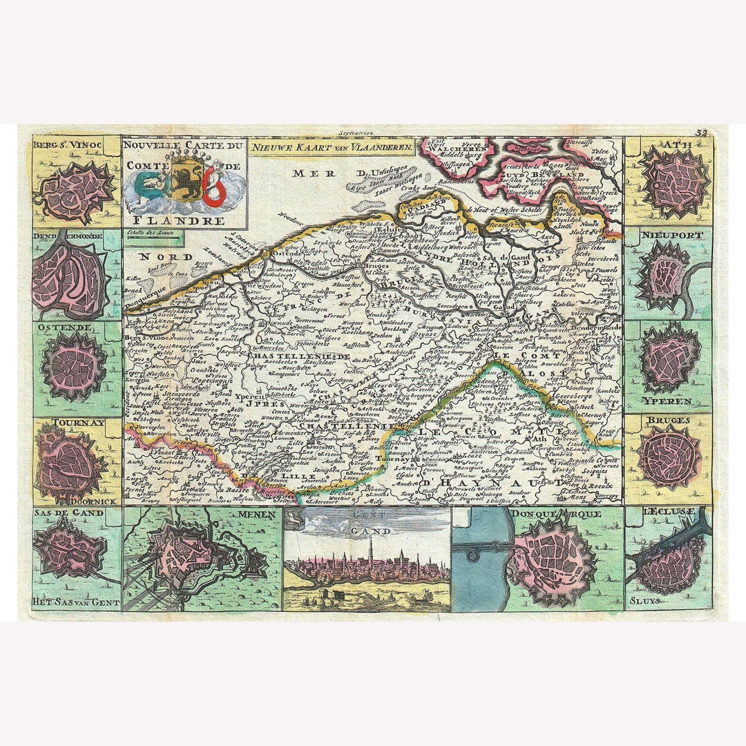Map of Flanders Holland & Belgium Antique Map; Historic Cartography ...