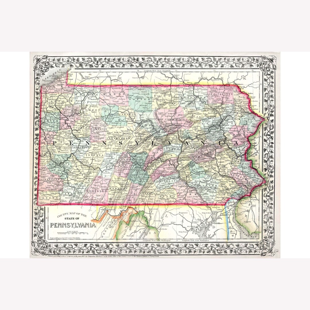 Pennsylvania; Historic Map by Mitchell, 1867; First Quality ...