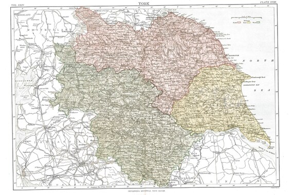 Map of Yorkshire England Encyclopedia Britannica 9th Edition | Etsy