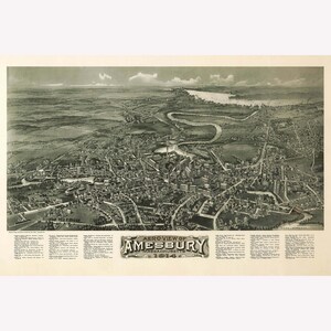 Amesbury, Massachusetts Antique Birdseye Map; 1914 - Teak Wood Magnetic ...
