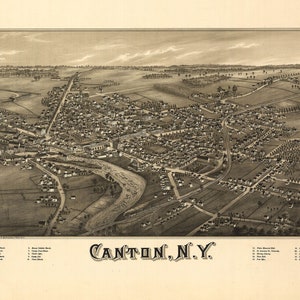 Canton, New York, 1885 Antique Birdseye Map - Teak Wood Magnetic Hanger ...
