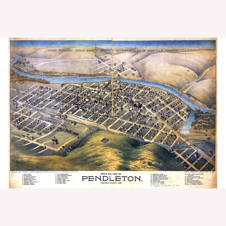 Map of Pendleton Oregon 1890 Antique Birdseye Map Custom - Etsy