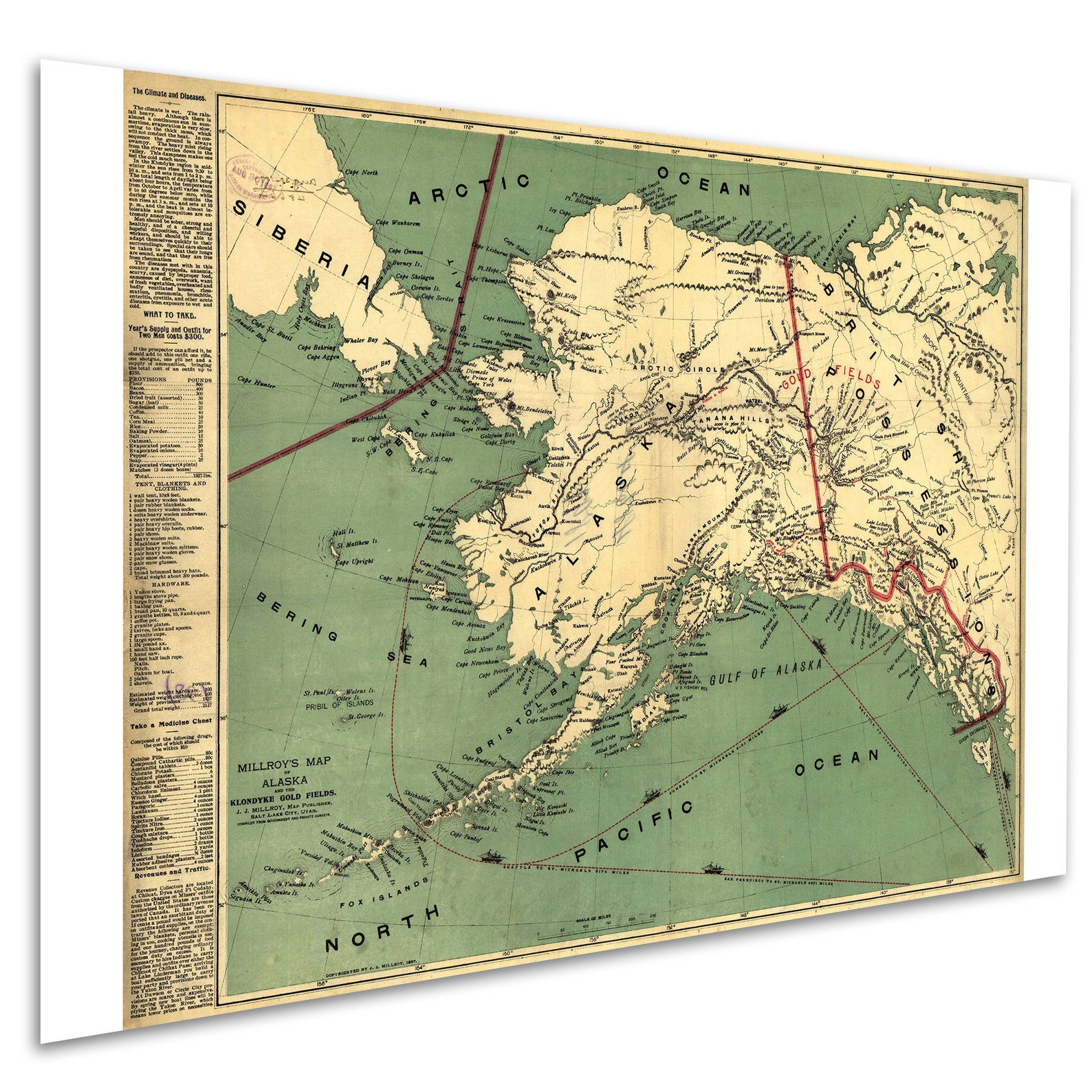 Gold Rush Map; Alaska Klondike Gold Fields, 1884, Vintage Historic ...