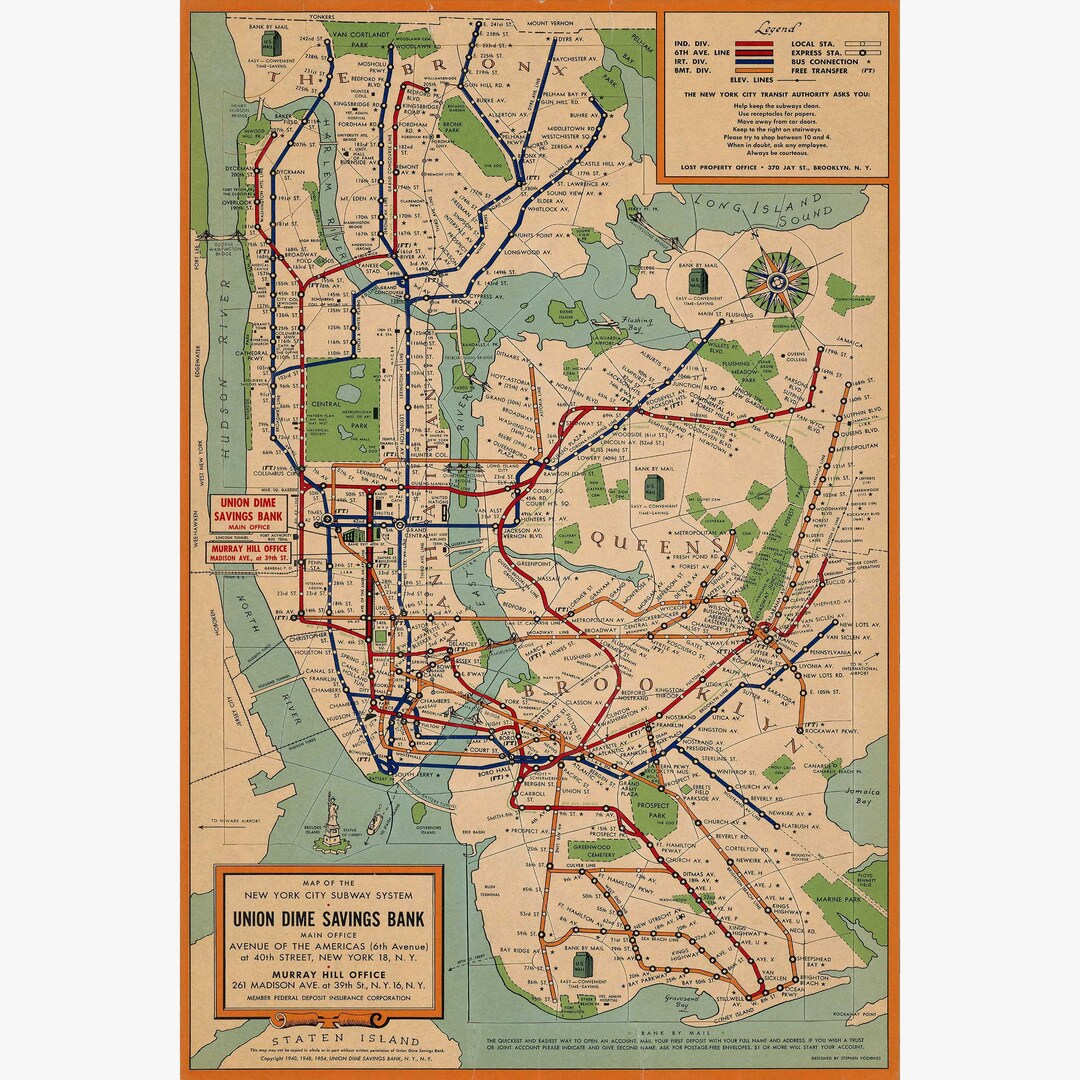 NYC Subway Map; 1954 New York Union Dime Savings Bank Archival ...
