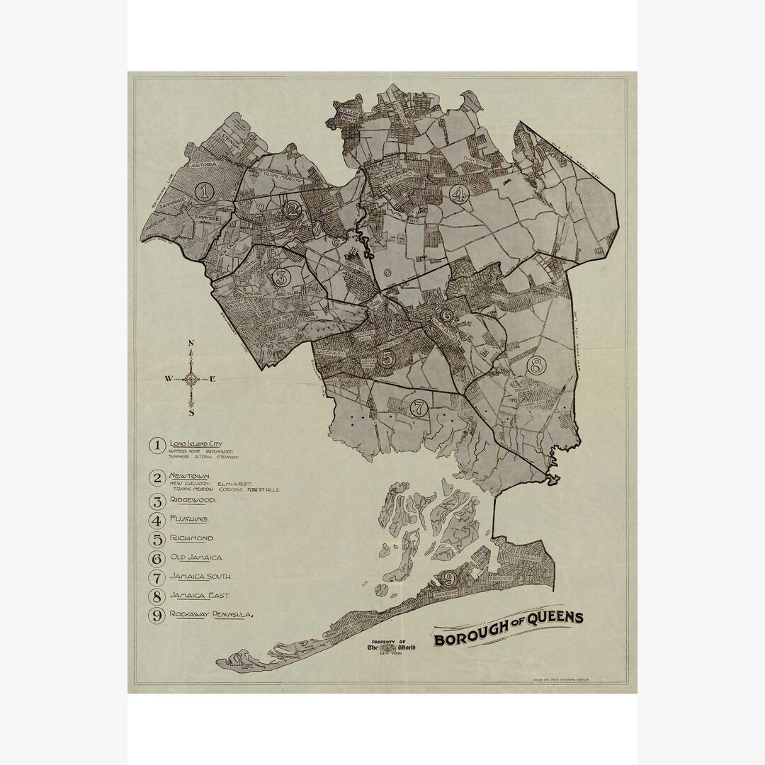 Map of Borough of Queens, New York City; Antique Map, 1919 - Teak Wood ...