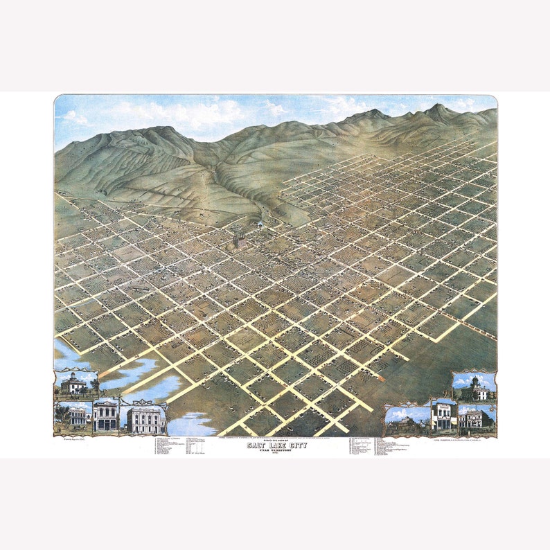 Map of Salt Lake City Utah 1870 Antique Birdseye Map | Etsy