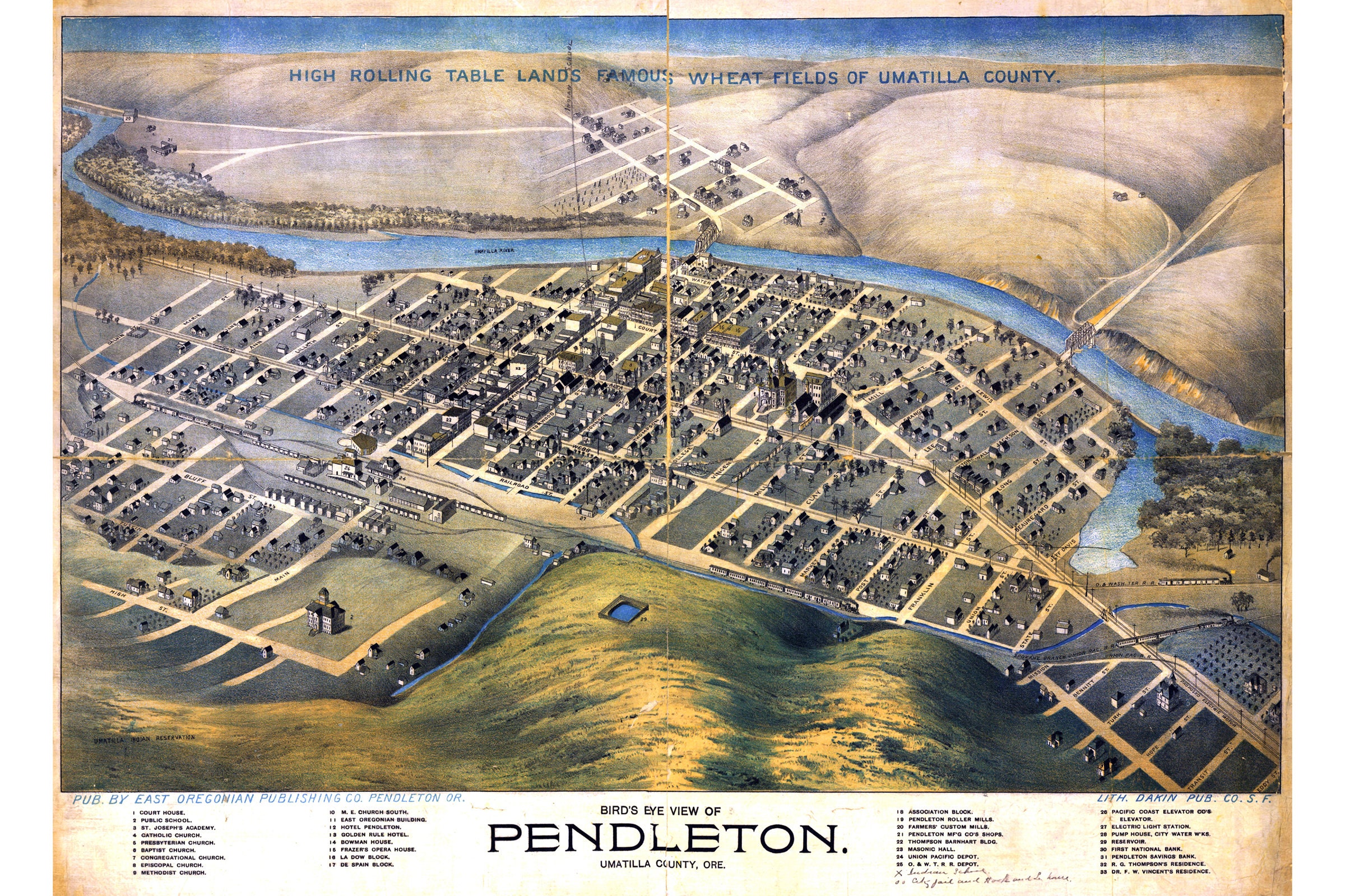 Map of Pendleton Oregon 1890 Antique Birdseye Map Custom | Etsy