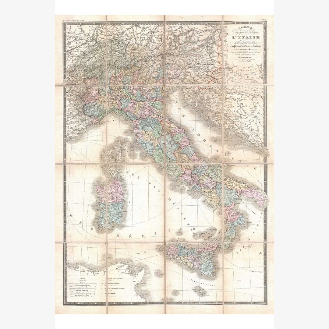 Italy; 1870 Brue and Levasseur Map; First Quality Antique Reproduction ...