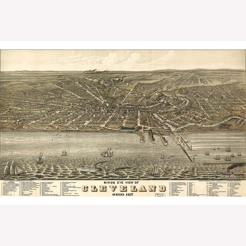 Map of Cleveland, Ohio, 1877; Antique Map; Birdseye View Map; Custom ...