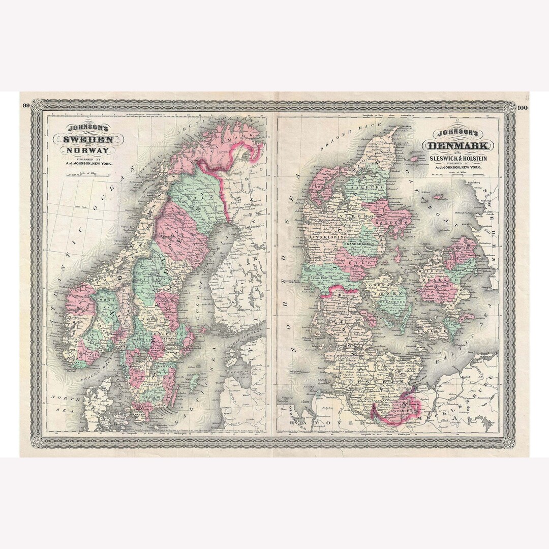 Sweden, Norway and Denmark; 1870 Johnson Map; 1st Quality Antique ...