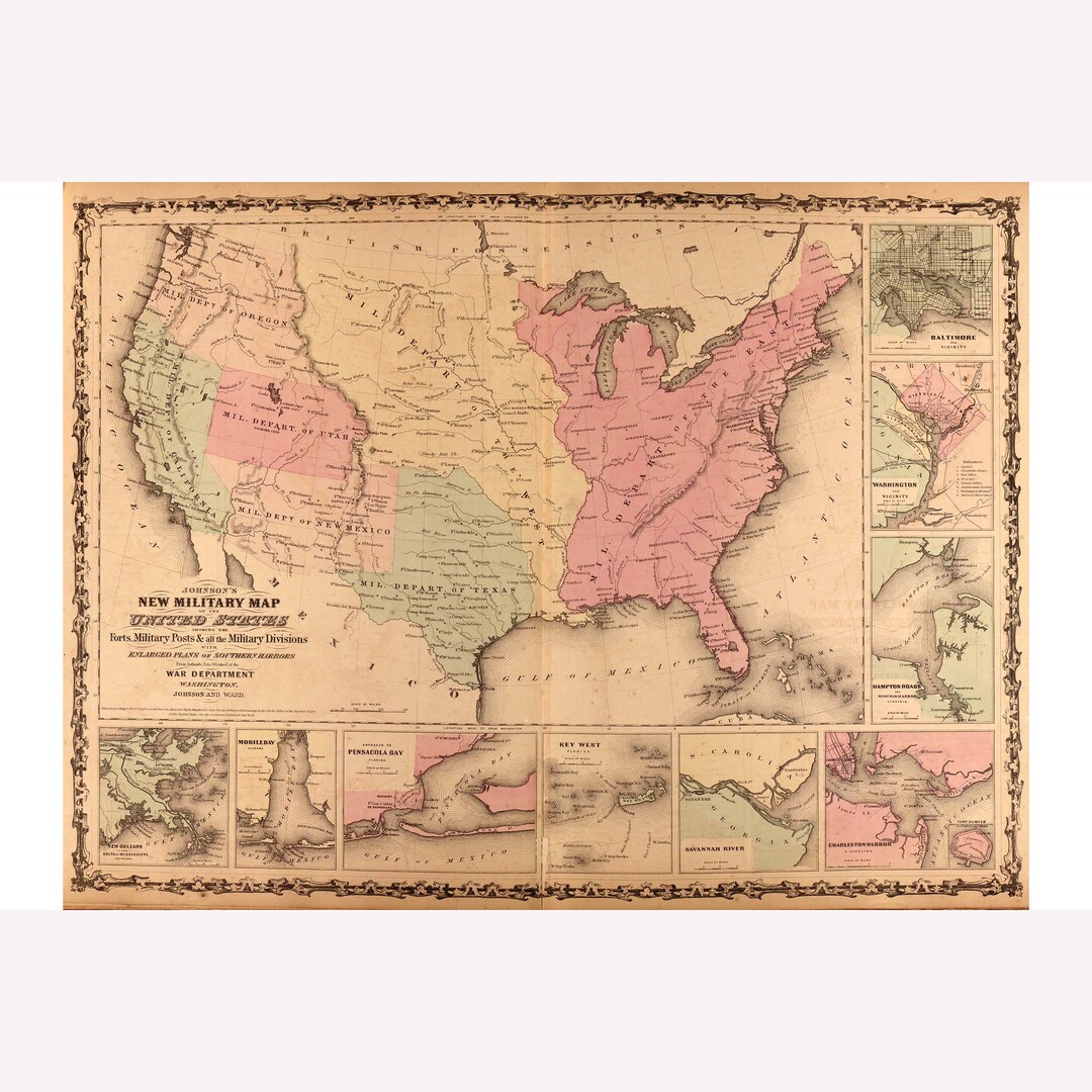New Military Map of the US; Forts, Posts & Divisions by Johnson 1862 ...