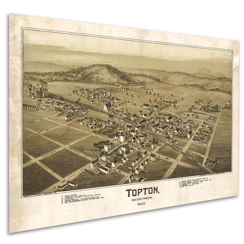 Map of Topton, Berks County, PA; Antique Pictorial Map, 1893 - Teak ...