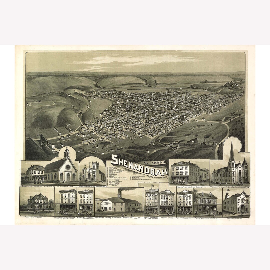 Map of Shenandoah, PA; Antique Map; Pictorial or Birdseye Map, 1899 ...