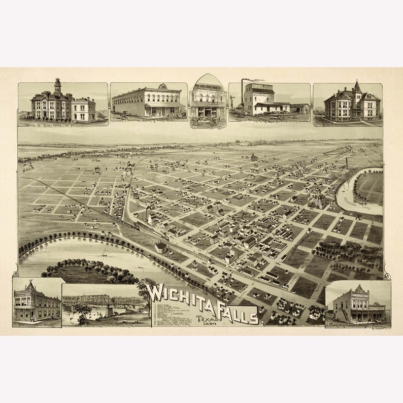 Map of Wichita Falls Texas; Antique Map; Pictorial or Birdseye Map ...