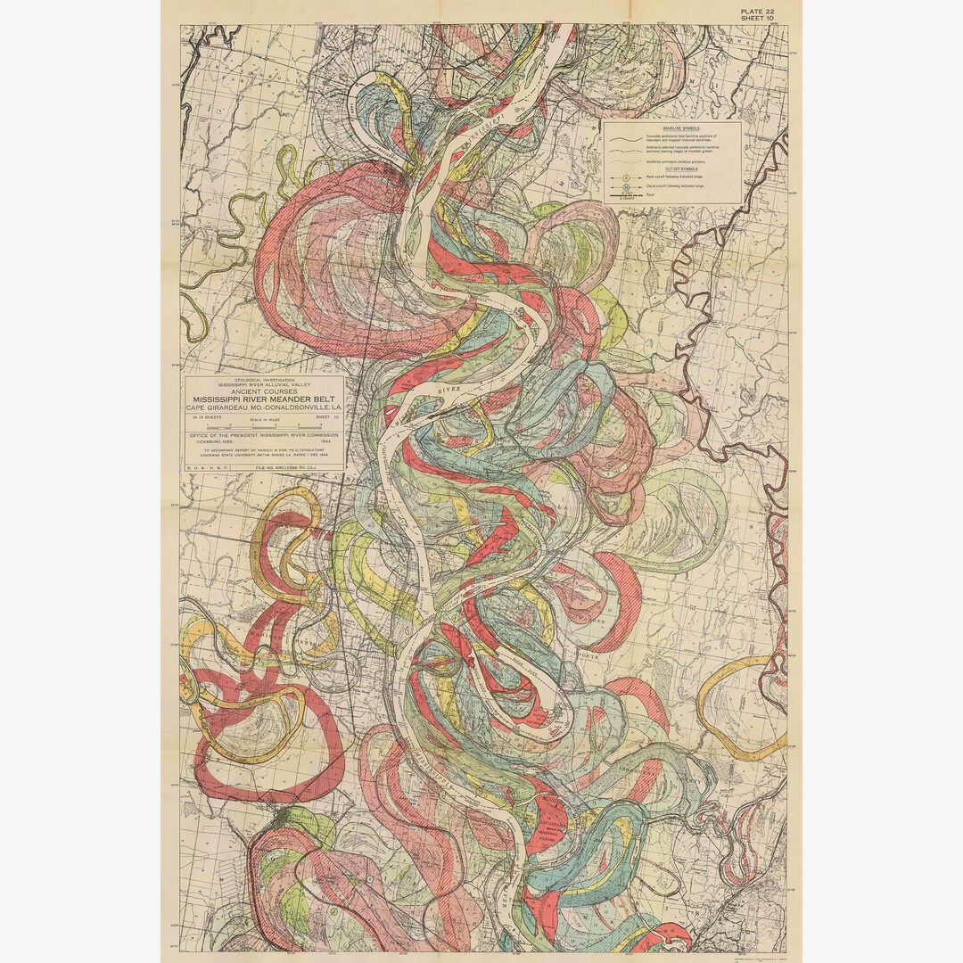Mississippi River Meander Belt, Geological Map by Harold Fisk, 1944- 10 ...