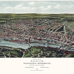 Map of Manayunk, Philadelphia 1907; Antique Birdseye Map - Teak Wood ...