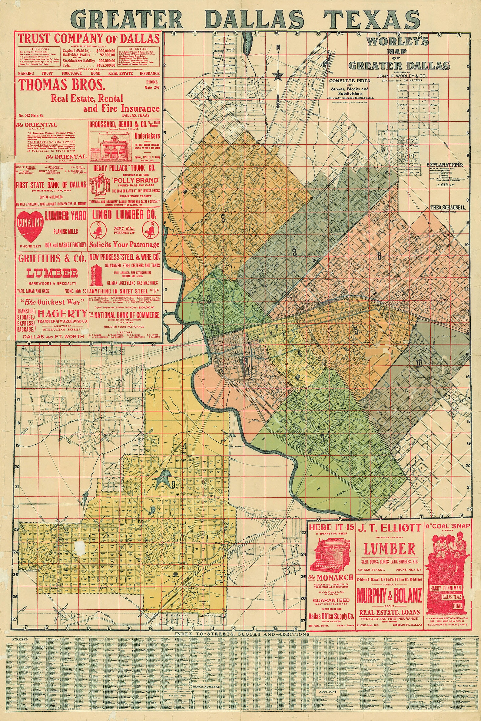 Dallas, Texas; Antique Map; by Worley; Ca. 1920 - Teak Wood Magnetic ...