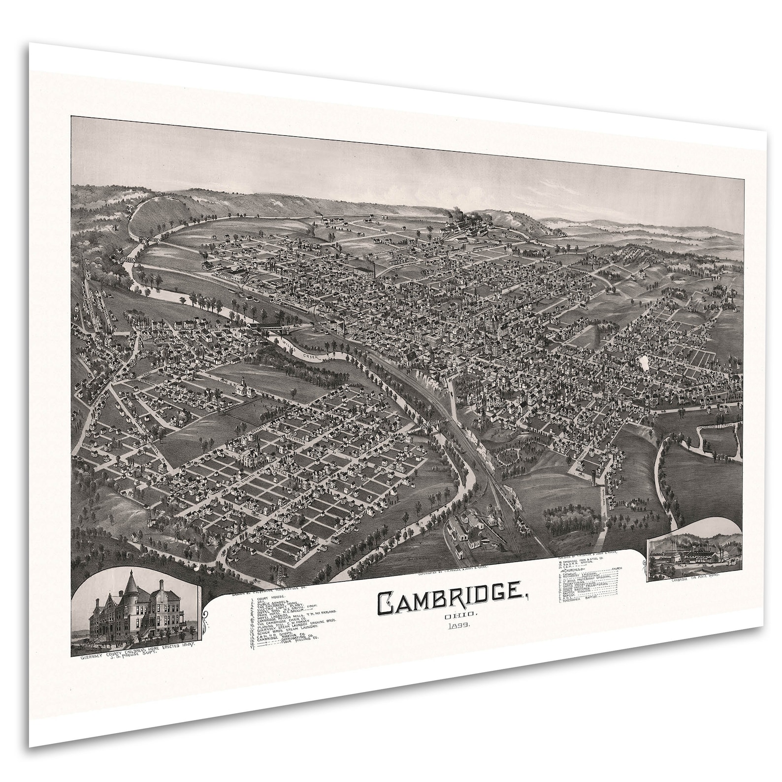 Cambridge Ohio. Antique Birdseye Map 1899 Teak Wood - Etsy