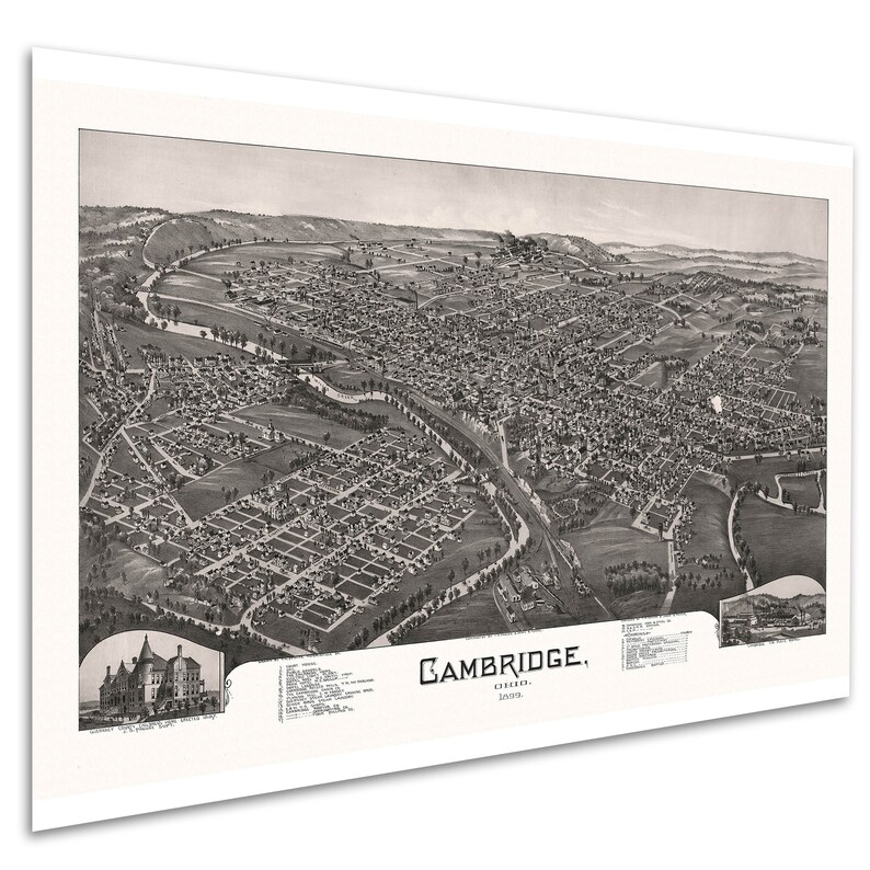 Cambridge Ohio. Antique Birdseye Map 1899 Teak Wood - Etsy