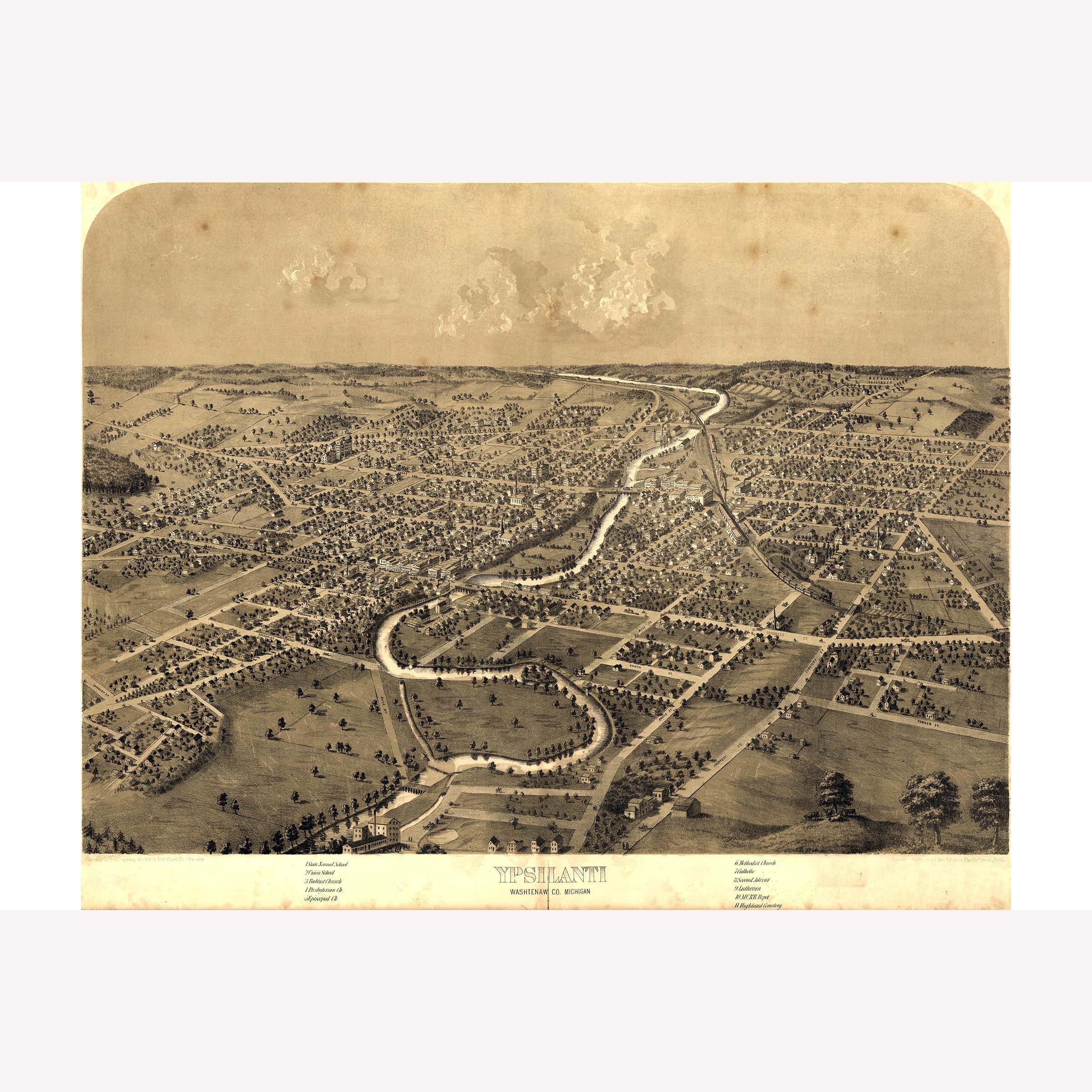 Map of Ypsilanti, Michigan; 1869; Antique Birdseye Map; Custom Printed ...
