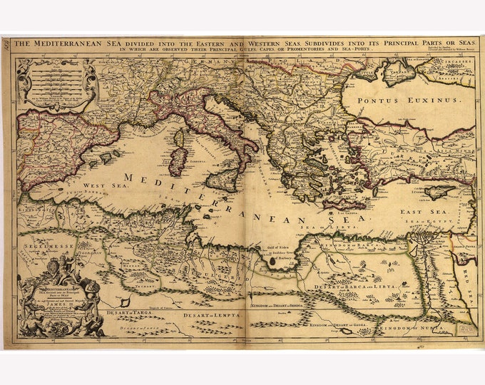 Map of Mediterranean Sea Historic Map, 17th Century Teak Wood Magnetic ...