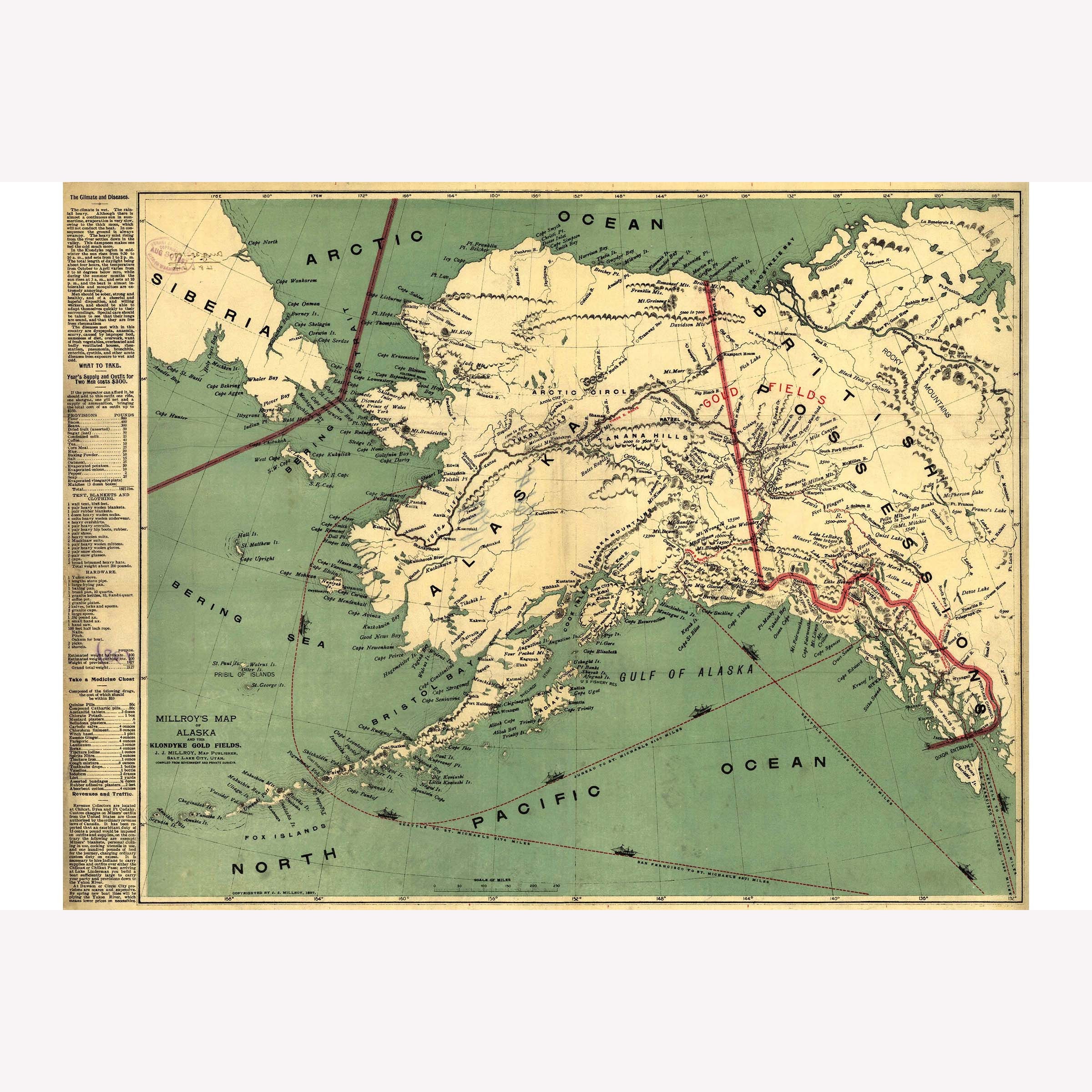 Gold Rush Map; Alaska Klondike Gold Fields, 1884, Vintage Historic ...