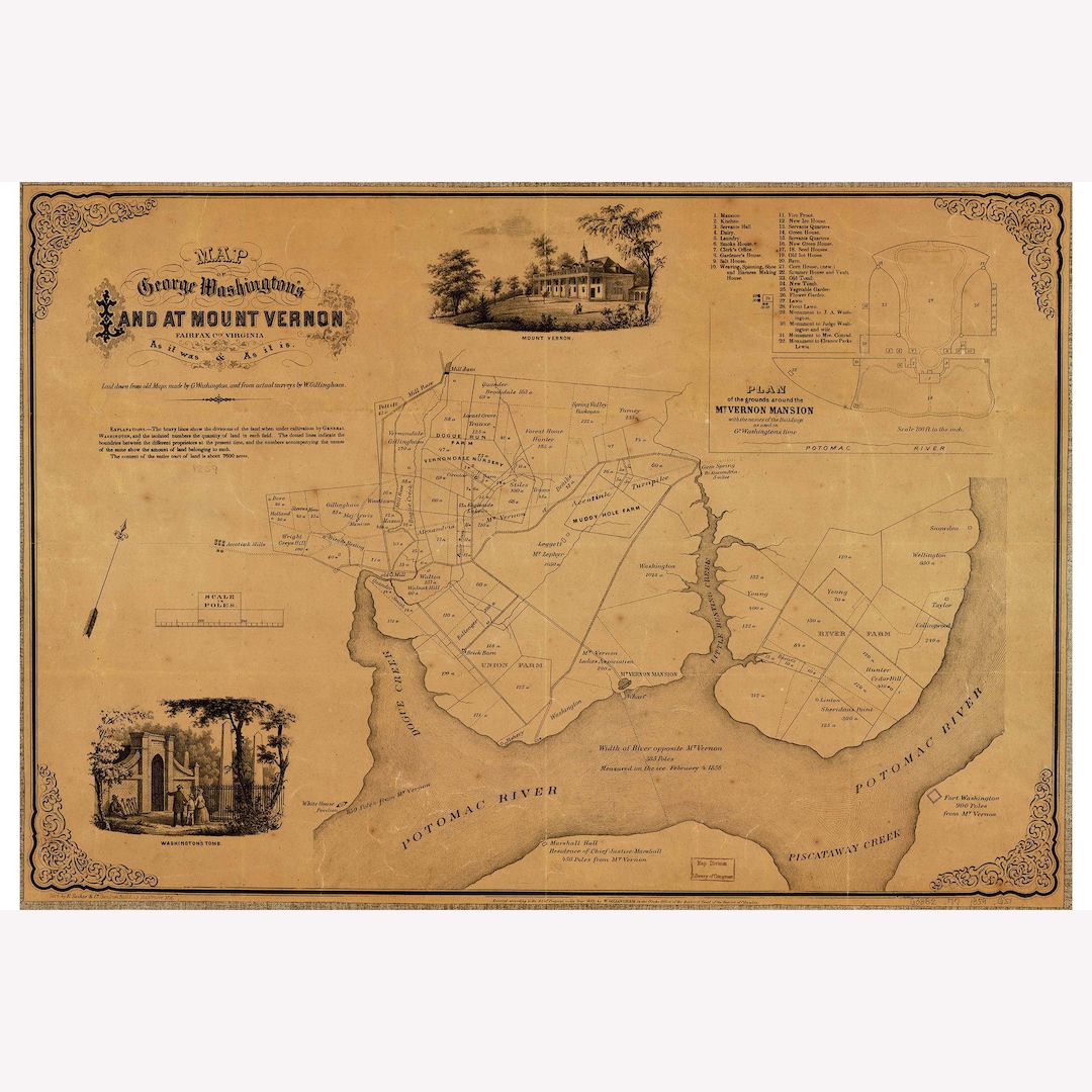 Map of George Washington's Mount Vernon; Antique Map, 1859 - Teak Wood ...