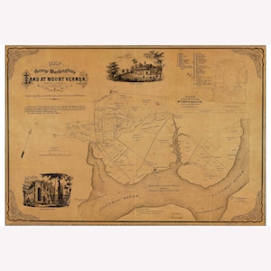 Map of George Washington's Mount Vernon; Antique Map, 1859 - Teak Wood ...