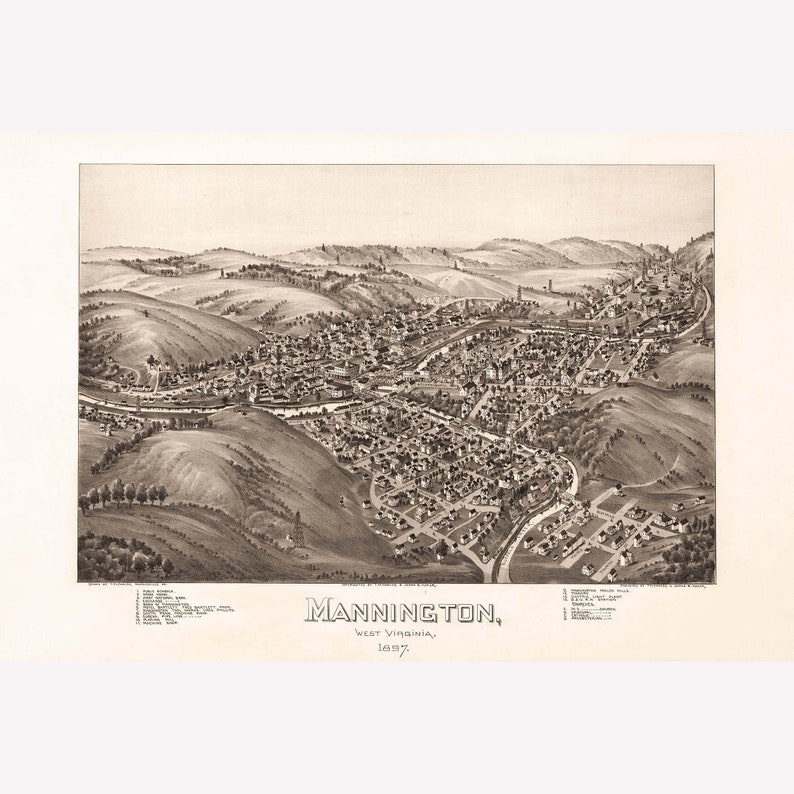 Mannington West Virginia. Antique Birdseye Map 1897 Teak | Etsy