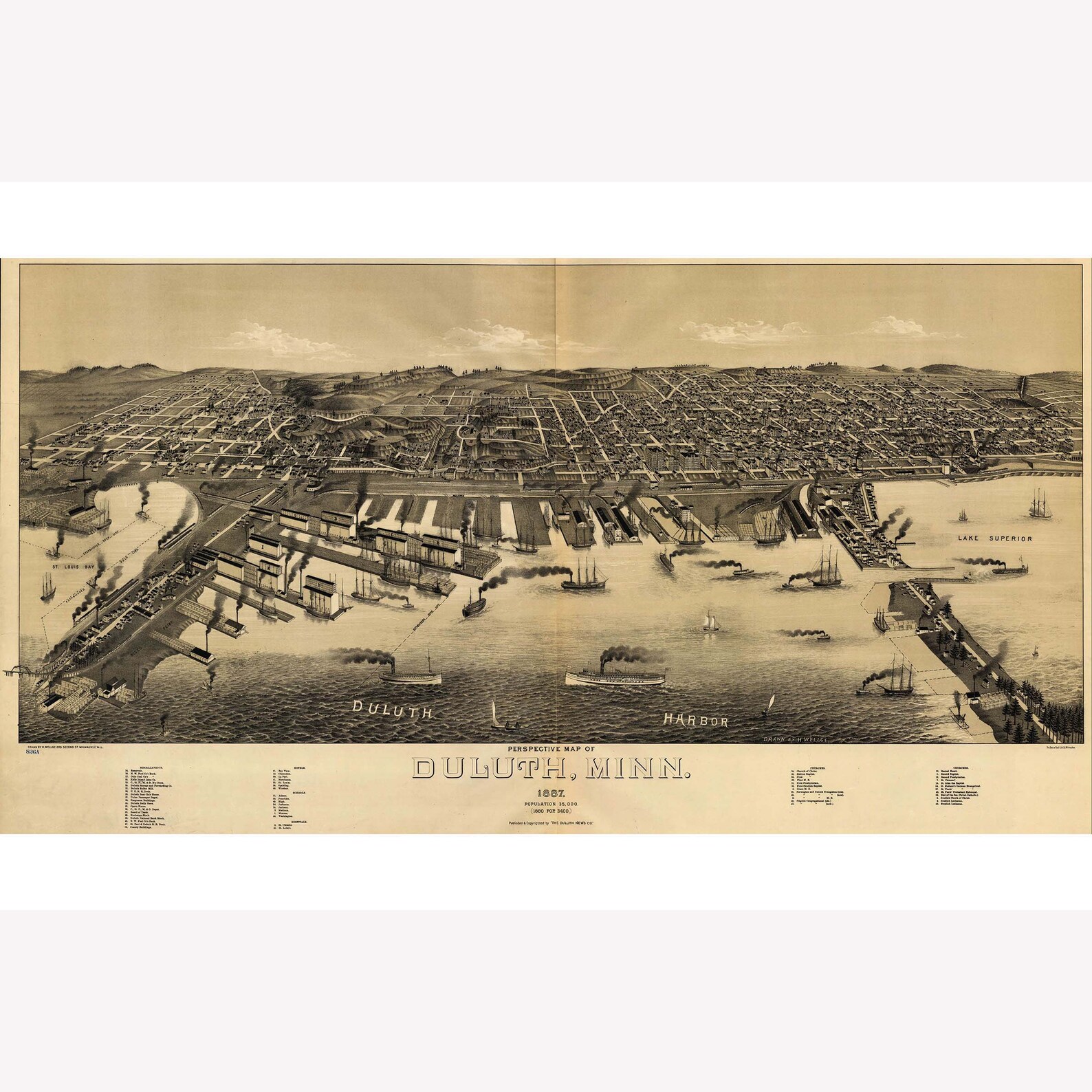 Map of Duluth, Minnesota by Wellge; 1887; Antique Birdseye Map - Teak ...