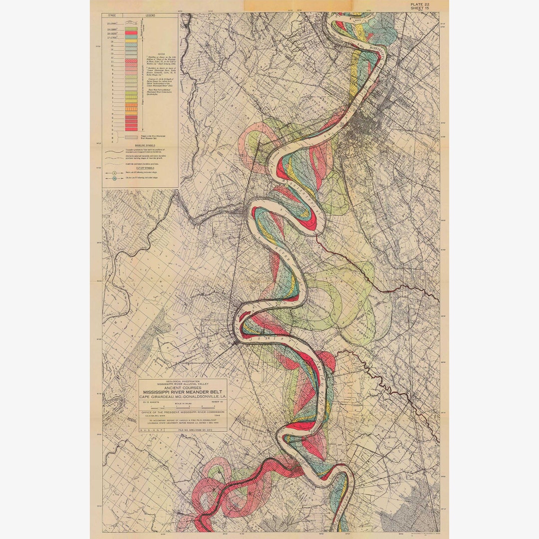 Mississippi River Meander Belt, Geological Map by Harold Fisk, 1944- 15 ...