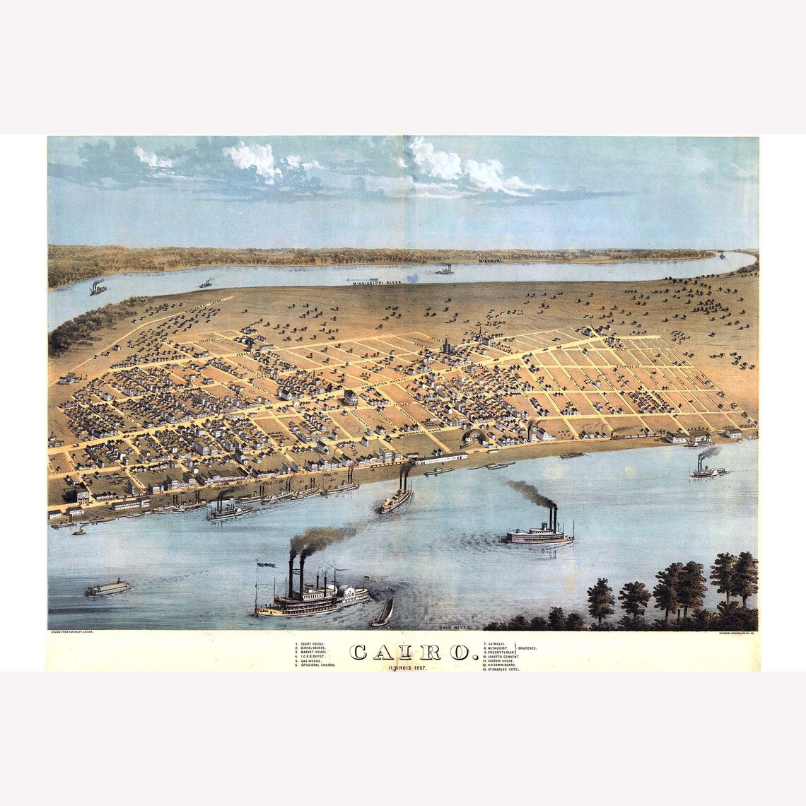 Map of Cairo, Illinois by Ruger; 1867; Antique Birdseye Map - Teak Wood ...