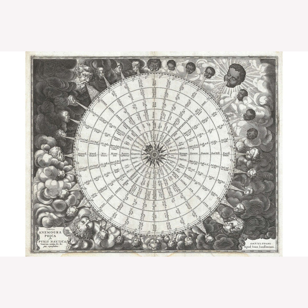 Wind Rose Anemographic Chart Map of the Winds by Jansson; 1652 - Teak ...