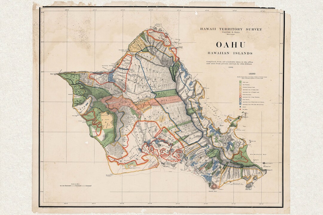 Island of Oahu, Hawaii; Antique Map by Alexander 1895 - Teak Wood ...