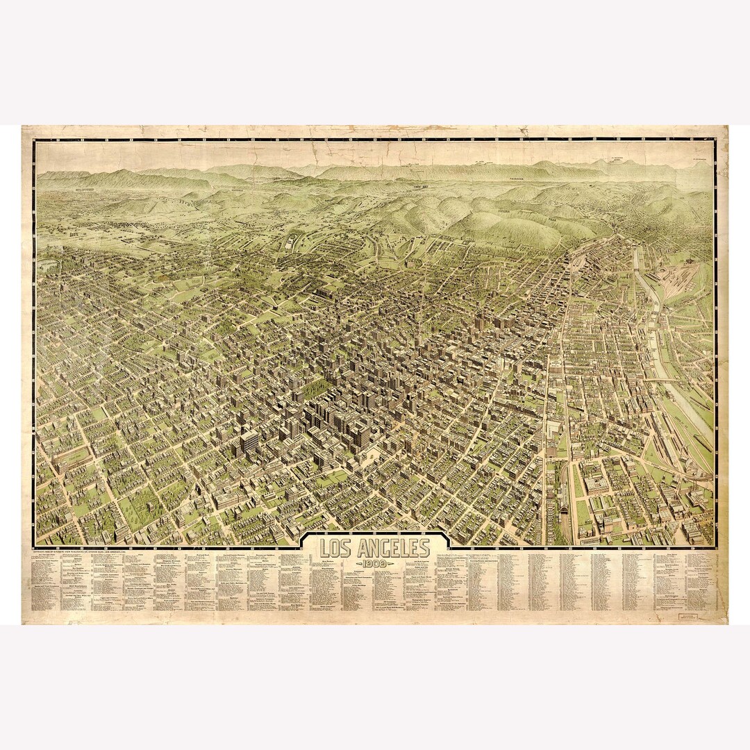 Los Angeles; Antique Map; Pictorial, Perspective or Birdseye View 1909 ...