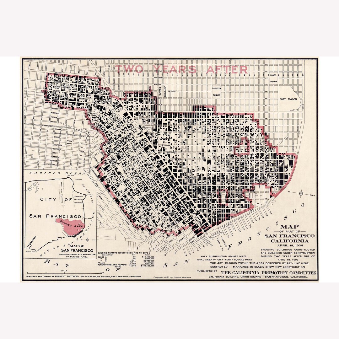 Map of San Francisco Fire Damage, 1908; Antique Map; Custom Printed to ...