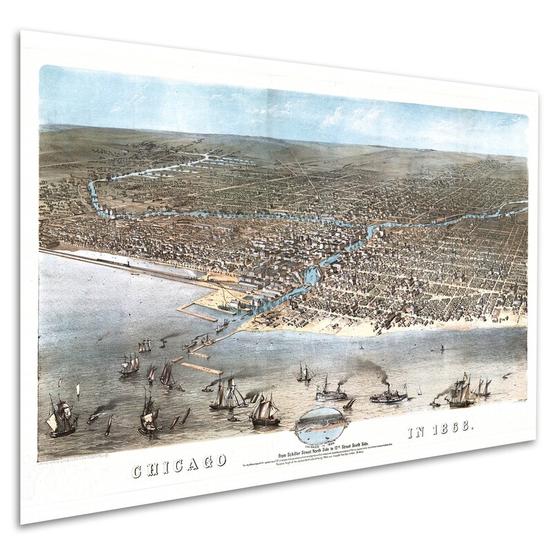 Map of Chicago, 1868; Antique Map; Perspective or Bird's Eye Map - Teak ...