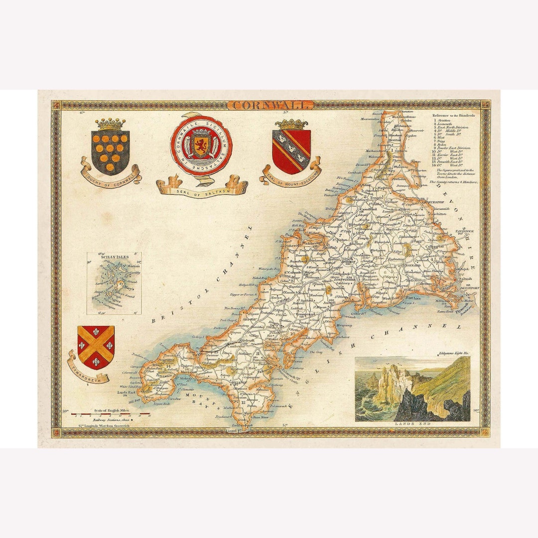 Cornwall by Moule Ca.1850; Beautiful Vintage Map; Hi Res Repro - Teak ...