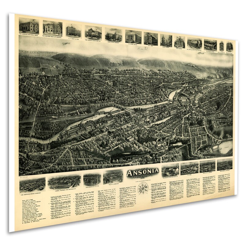 Ansonia Connecticut; Antique Pictorial Map 1921 - Teak Wood Magnetic ...