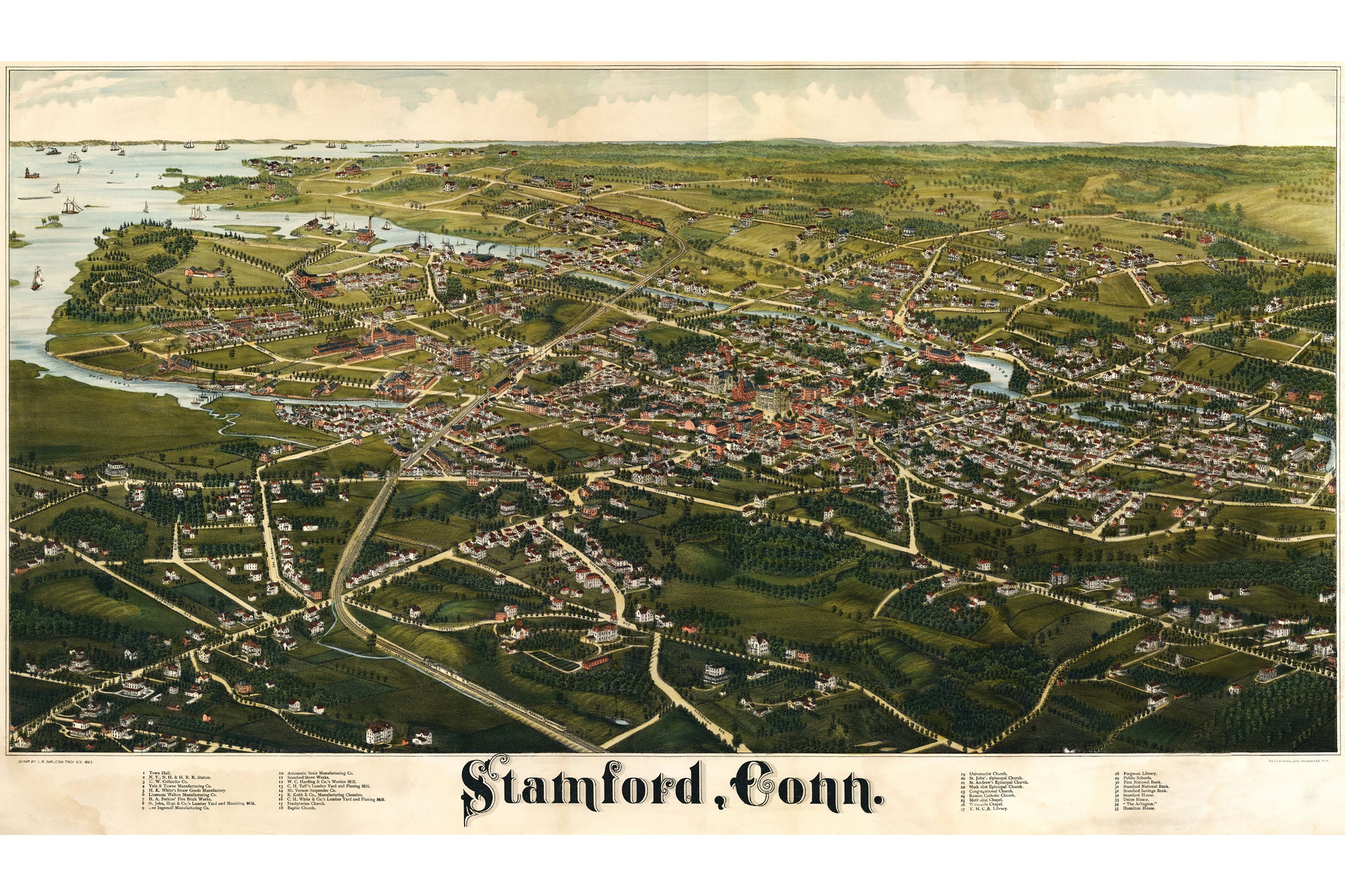 Map of Stamford Connecticut 1883 Antique Birdseye Map | Etsy